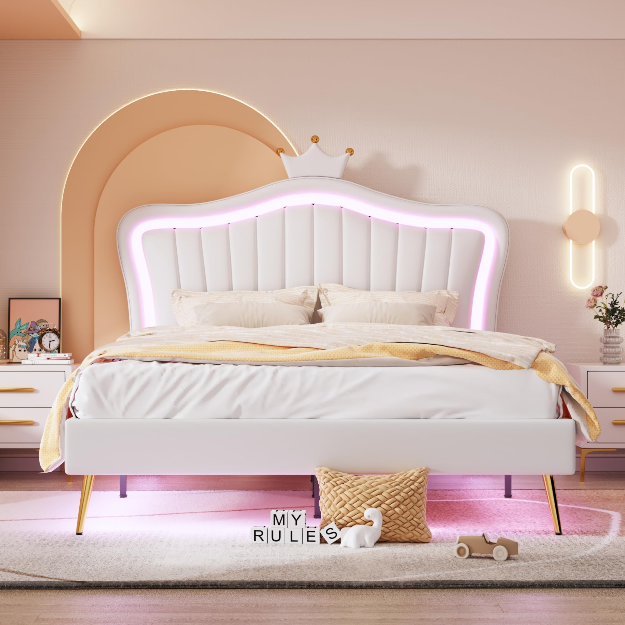 P PURLOVE Cute Princess Bed with LED Lights for Kids,Queen Size Platform Bed with Crown Headboard,Platform Bed Frame with Wood Slats for Girls,Kids,Teens