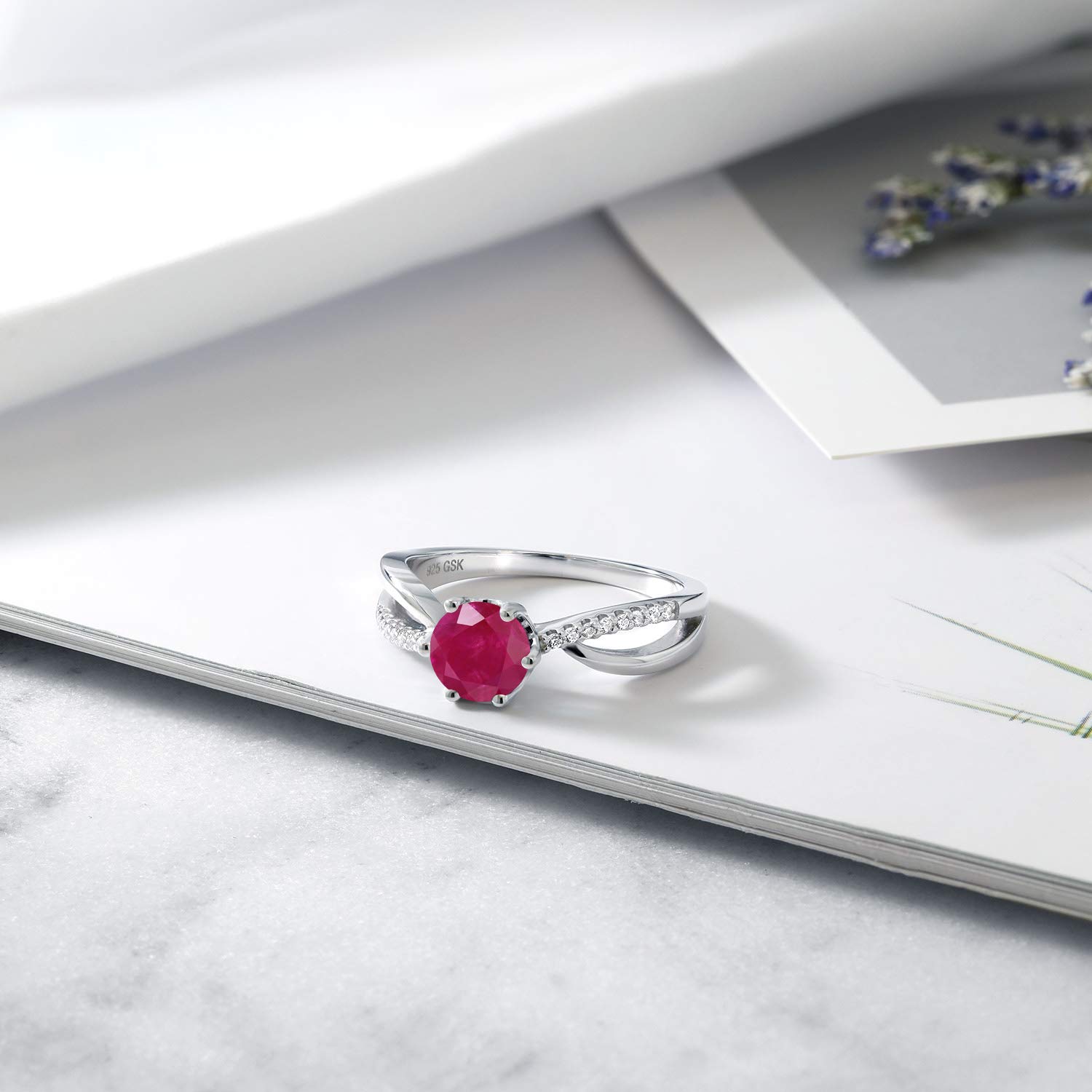 Gem Stone King 925 Sterling Silver Red Ruby Gemstone Birthstone Wedding Engagement Women's Ring 6 Prongs (1.24 Cttw Round) (Size 6)