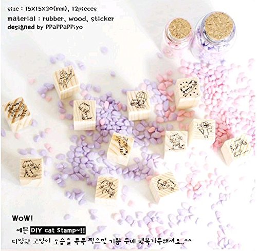 Youkwer 12 Pcs Mini Cute Wooden Rubber Stamps Set For Letters,Diary Craft,Scrapbooking in Matchbox(Vintage Lovely Cat)