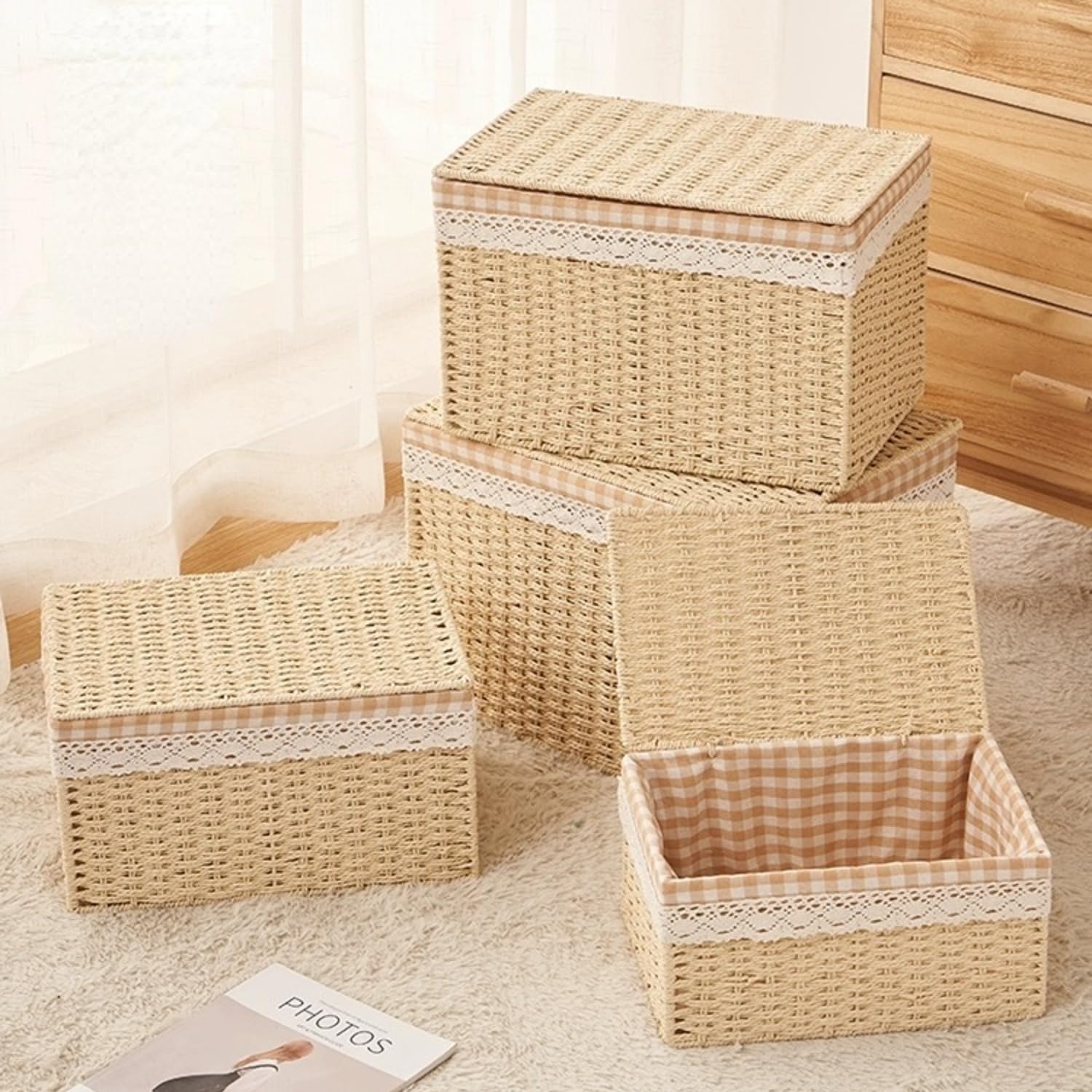 Rattanzenith Foldable Basket with Lid Large Storage Bin with Handle & Liner Paper Rope Woven Basket for organizing Clothes Toy Blanket Shelf Basket for Closet Organizers and Storage (Beige, Large)