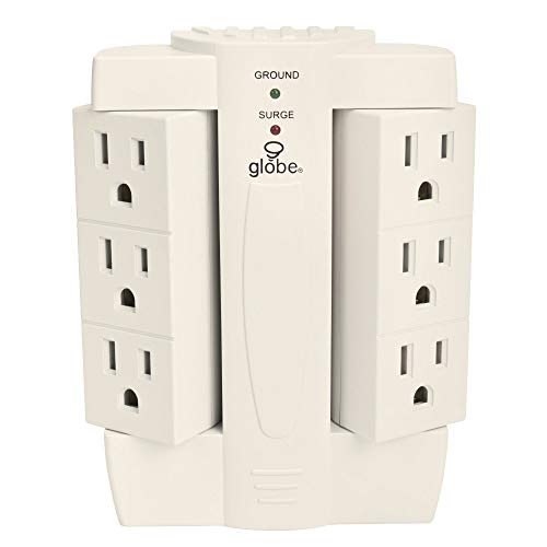 Globe Electric 7732001 6-Outlet Space Saver Swivel Surge Protector Wall Adapter Tap, Grounded Outlets, White Finish
