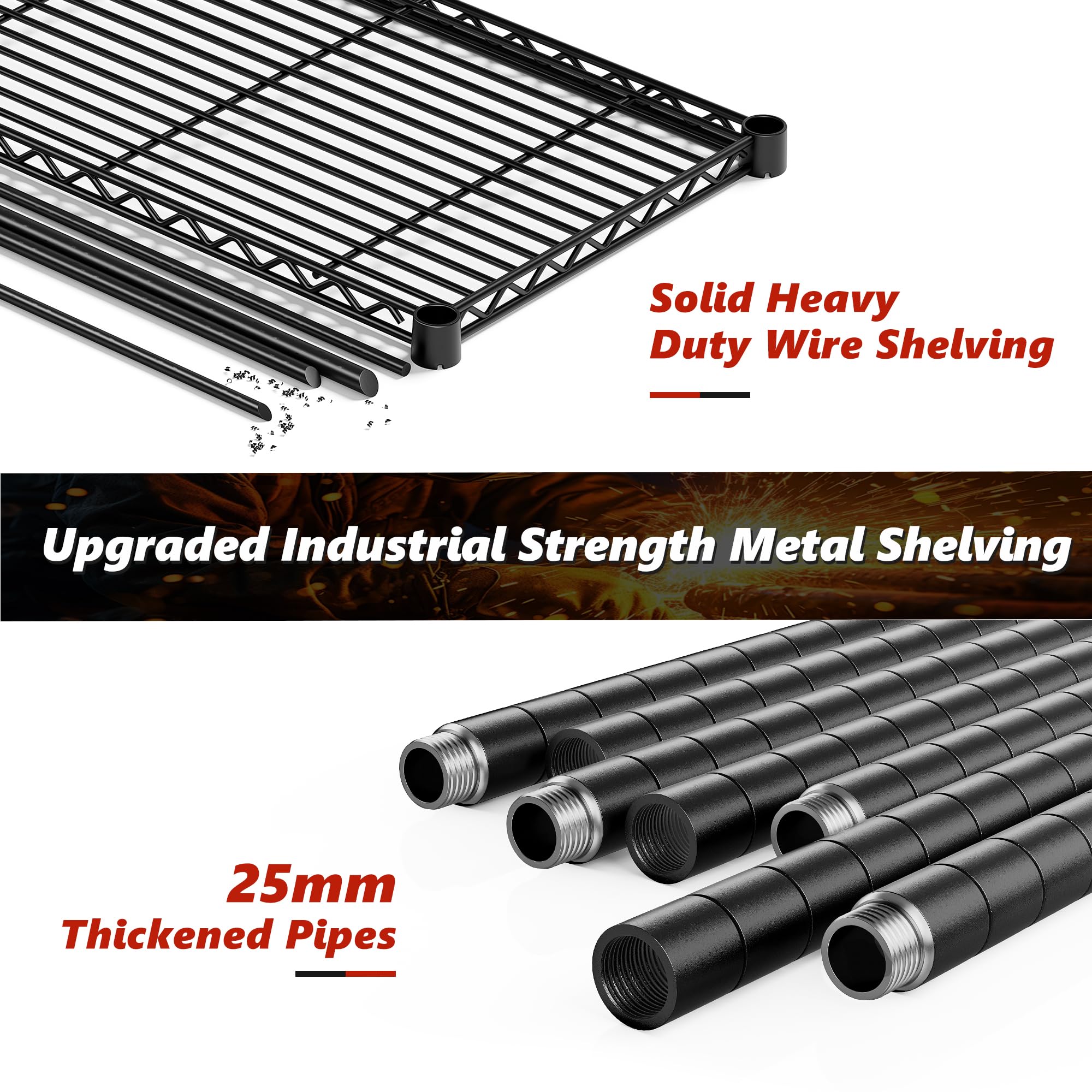 REIBII 72''W Wire Shelving Loads 2100LBS,5 Tier Metal Shelving with Adjustable Storage Shelves 36''W Garage Shelving Heavy Duty with Wheels Metal Shelves for Storage Rack 2PC,76''HX36''WX16''D