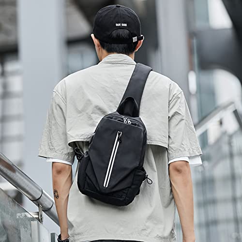 SEAFEW Small Black Tactical Sling Crossbody Backpack Shoulder Bag for Men Women, Lightweight One Strap Backpack Sling Bag Backpack for Hiking Walking Biking Travel Cycling USB Charger Port-Nylon