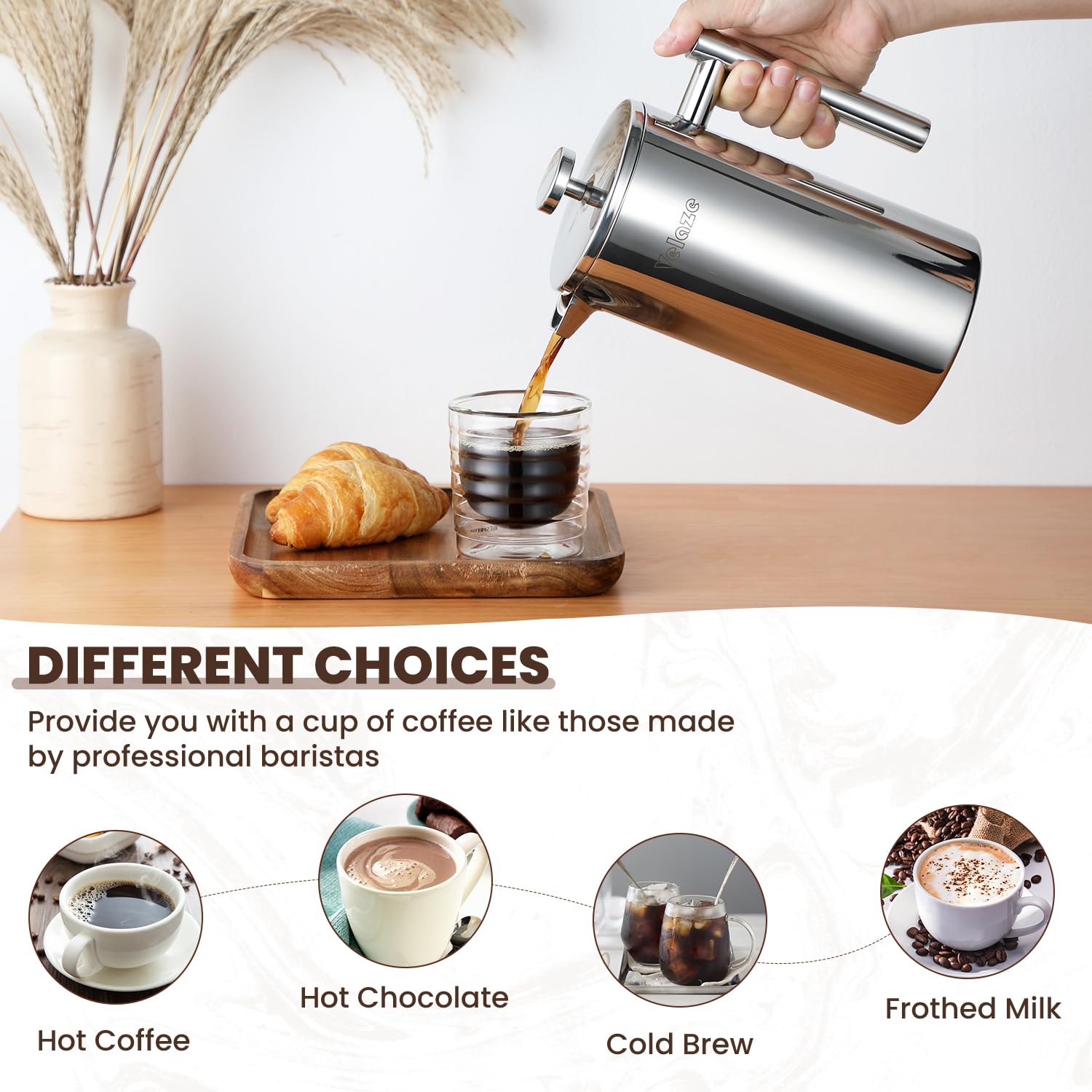 Velaze French Press Coffee Maker 34oz, Double Wall Insulated French Coffee Press Stainless Steel, 1L Coffee Maker Included 4 Extra Fliters and 1 Coffee Spoon