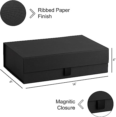 Purple Q Crafts Black Ribbed Hard Gift Box With Magnetic Closure Lid 14" x 9" x 4" Rectangle Favor Boxes With Classy Black Finish (1 Box)