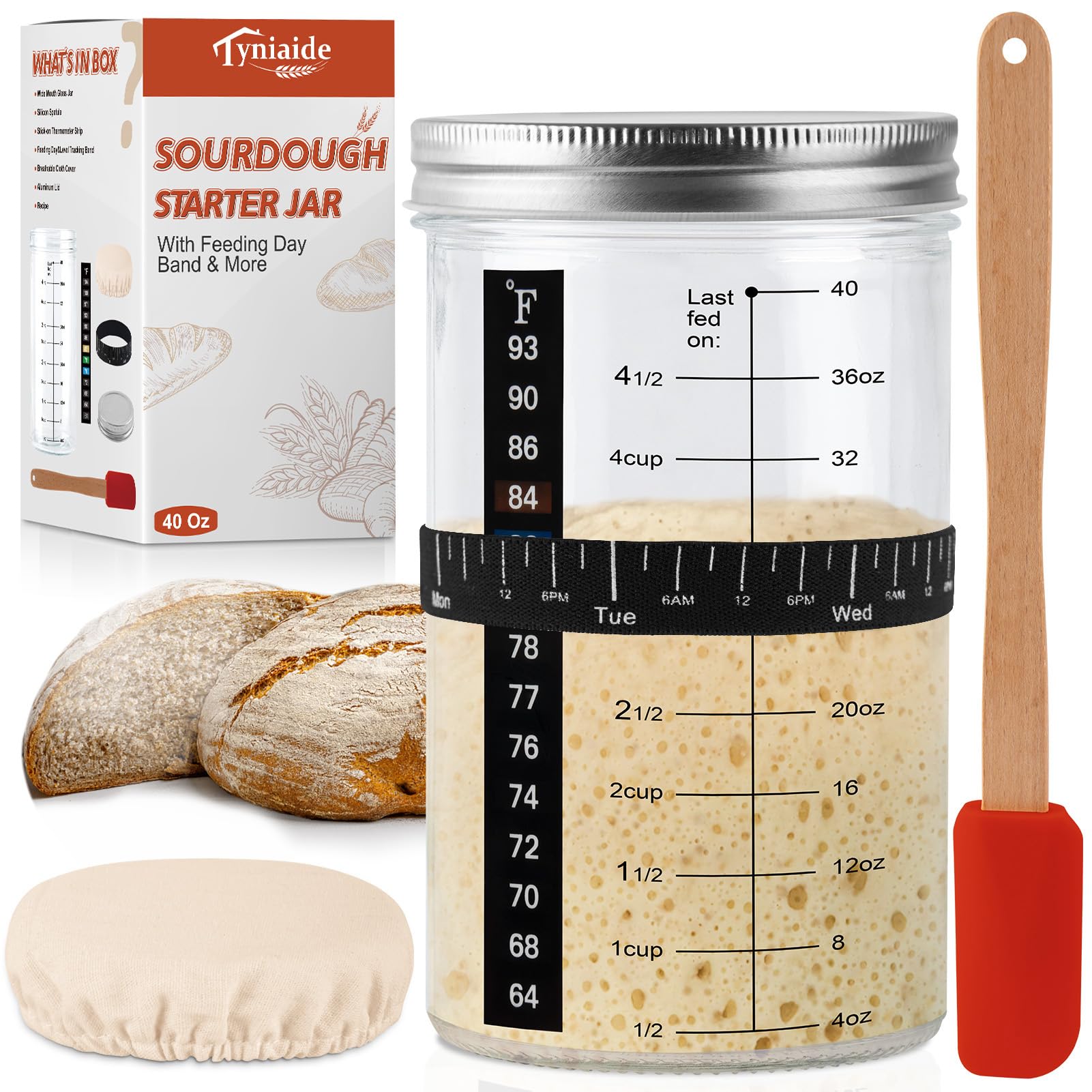 Tyniaide 40oz/1200ml Sourdough Starter Kit – Extra Thermometer Strips and Breathable Covers Included in Sourdough Starter Jar – A Perfect Sourdough Bread Starter Kit for Beginners to Expert