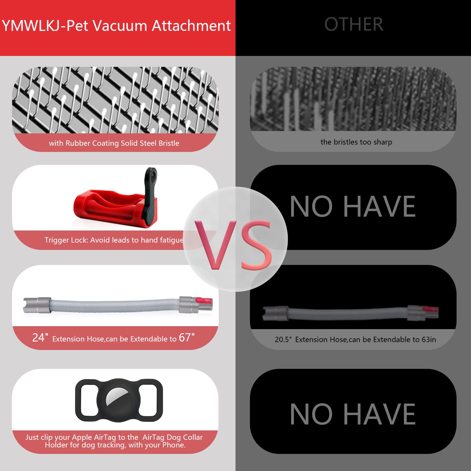 Groom Tool Attachments Brush with Trigger Lock & 24in Extension Vacuum Hose,Pet Dog Grooming Brush Compatible with Dyson V7 V8 V10 V11 V12 V15 Vacuum-4Pcs