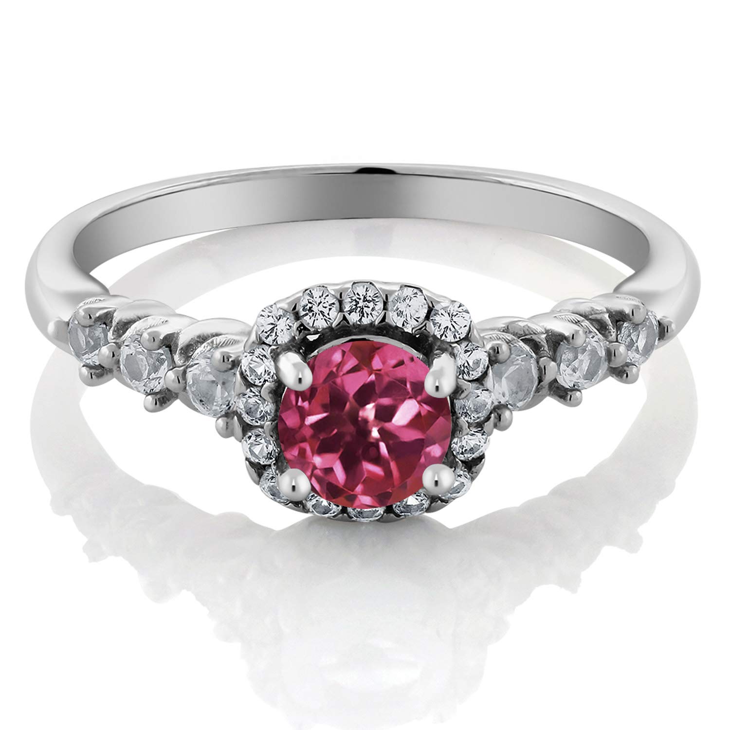 Gem Stone King 925 Sterling Silver Pink Tourmaline and White Created Sapphire Ring For Women (0.92 Cttw, Round 5MM, Gemstone Birthstone, Available In Size 5, 6, 7, 8, 9)