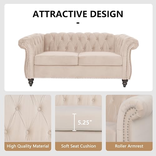 QHITTY Accent Sofa, Chesterfield Loveseat Modern Velvet Couch Upholstered Sofa with Tufted Back for Living Room Furniture (Beige)