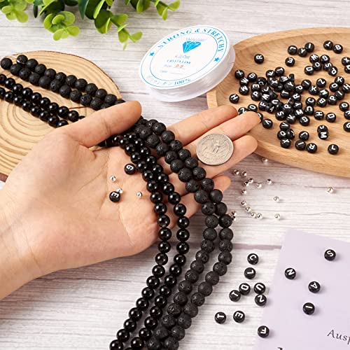 Pandahall 360-380Pcs Natural Black Onyx Lava Rock Gemstone Beads 8mm Healing Crystal Round Stones with A-Z Letter Spacer Beads Elastic String for Adults Diffuser Essential Oils Bracelets Making