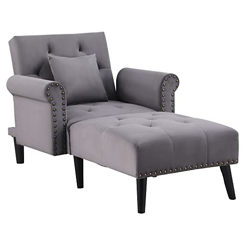 HOMCOM 2-in-1 Chaise Lounge Indoor with Rolled Armrest, Nailhead Trim and Button Tufting, Adjustable Velvet Fabric Upholstered Sofa for Bedroom and Living Room, Red