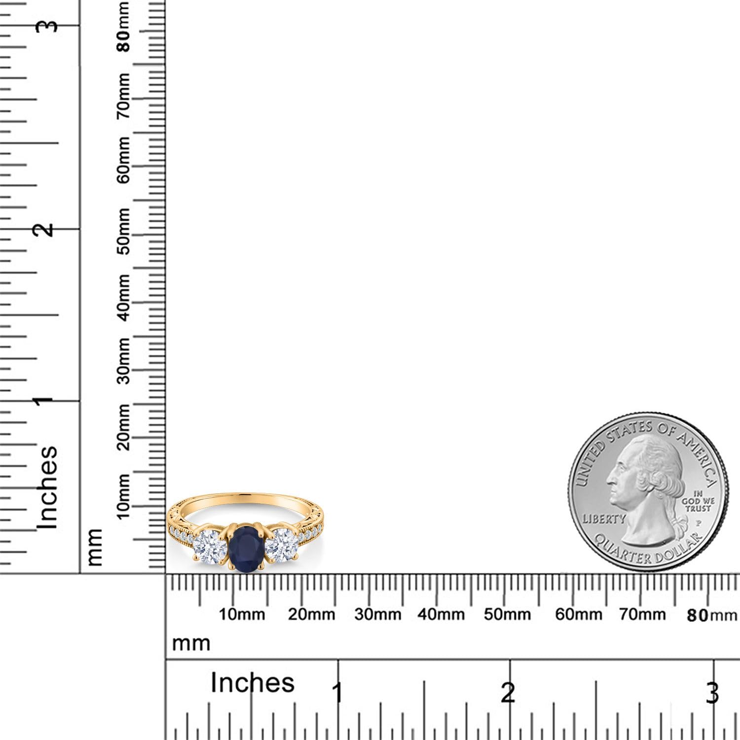 Gem Stone King 18K Yellow Gold Plated Silver Blue Sapphire Engagement Ring | 3-Stone Ring For Women | 2.64 Cttw | Oval 7X5MM | Available In Size 5, 6, 7, 8, 9
