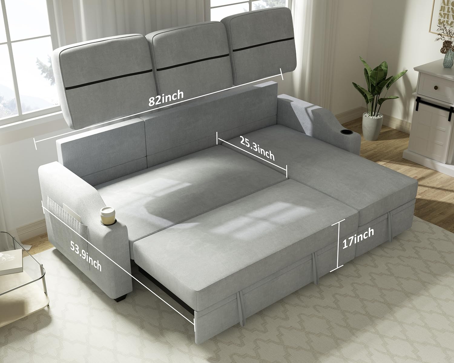 Ucloveria Reversible Sectional Sofa Couch, Sleeper Sofa Bed with Storage Chaise Pull Out Couch Bed for Living Room | Hidden Stroge | Side Pocket | Sofa Cup Holder | Removable Backrest | Linen Fabric