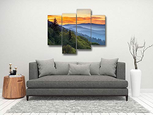 Great Smoky Mountains National Park Scenic Sunrise Landscape at Oconaluftee Canvas Wall Art Hanging Paintings Modern Artwork Abstract Picture Prints Home Decoration Gift Unique Designed Framed 4 panel