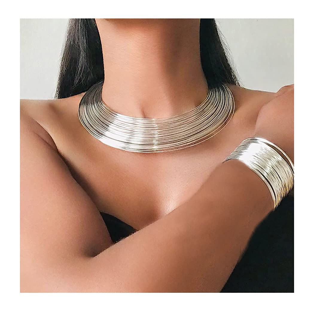 Fstrend Statement Choker Bracelet Earrings Set Gold Plated African Bib Chunky Necklace Costume Party Jewelry Accessories for Women (Silver)