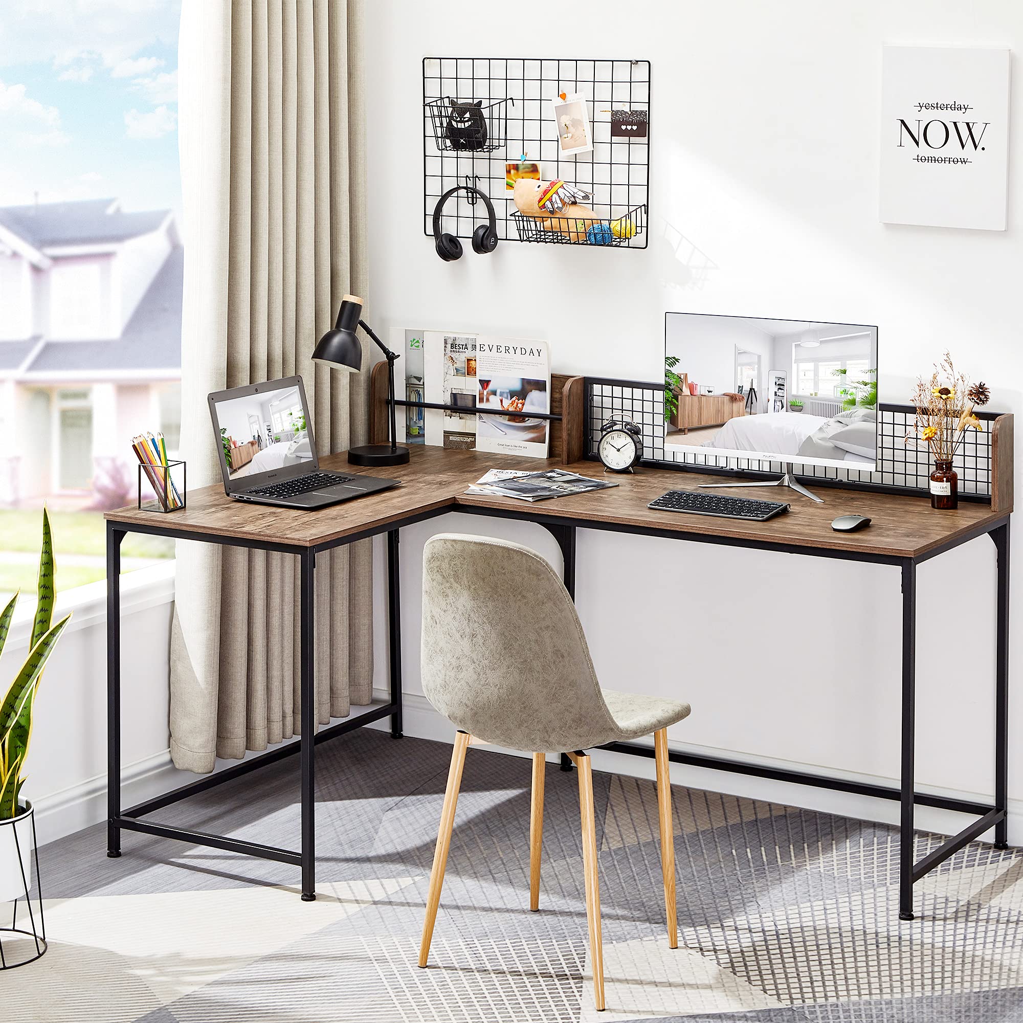GreenForest L Shaped Desk 65" x 43", Large L Desk with Storage, Corner Computer Desk for Writing, Home Office Study Gaming Modern Desk with Hutch, Walnut