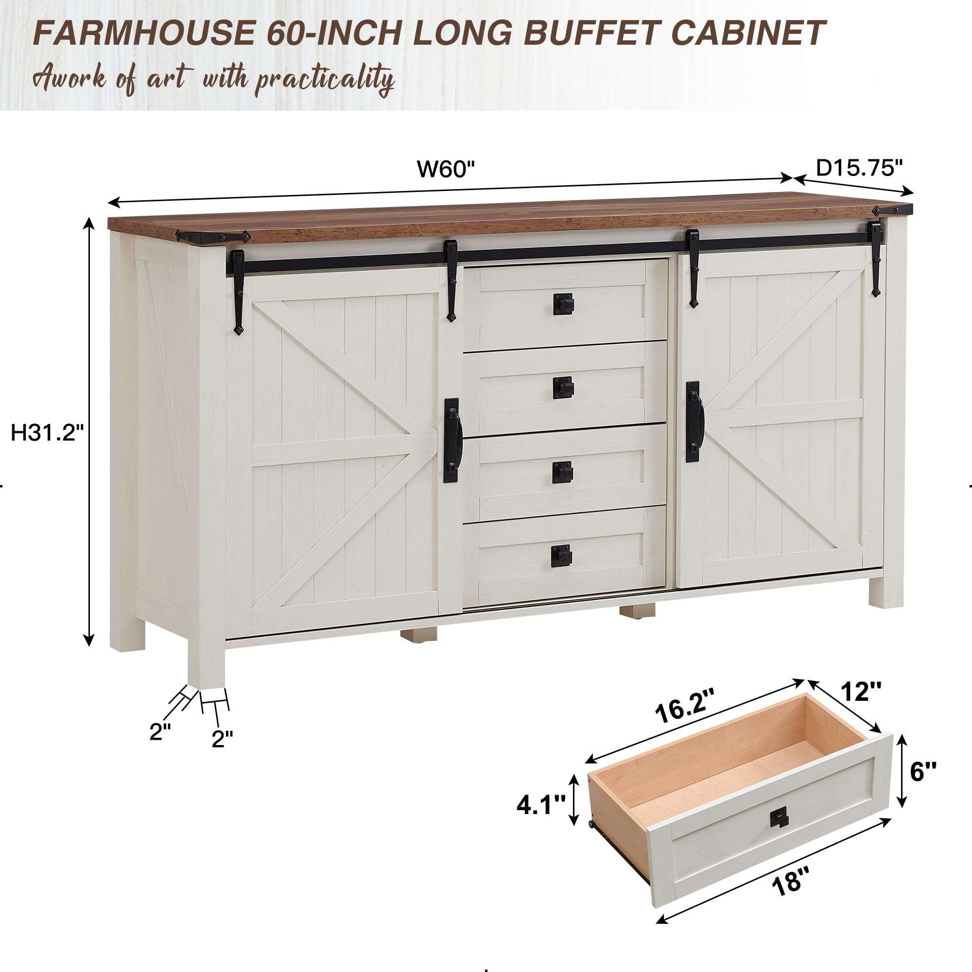 T4TREAM Farmhouse Sideboard Buffet Cabinet with Storage, 60" Large Kitchen Cabinet w/Sliding Barn Doors and 4 Drawers, 31.2'' Tall Wood Coffee Bar Table for Dining Room, Antique White