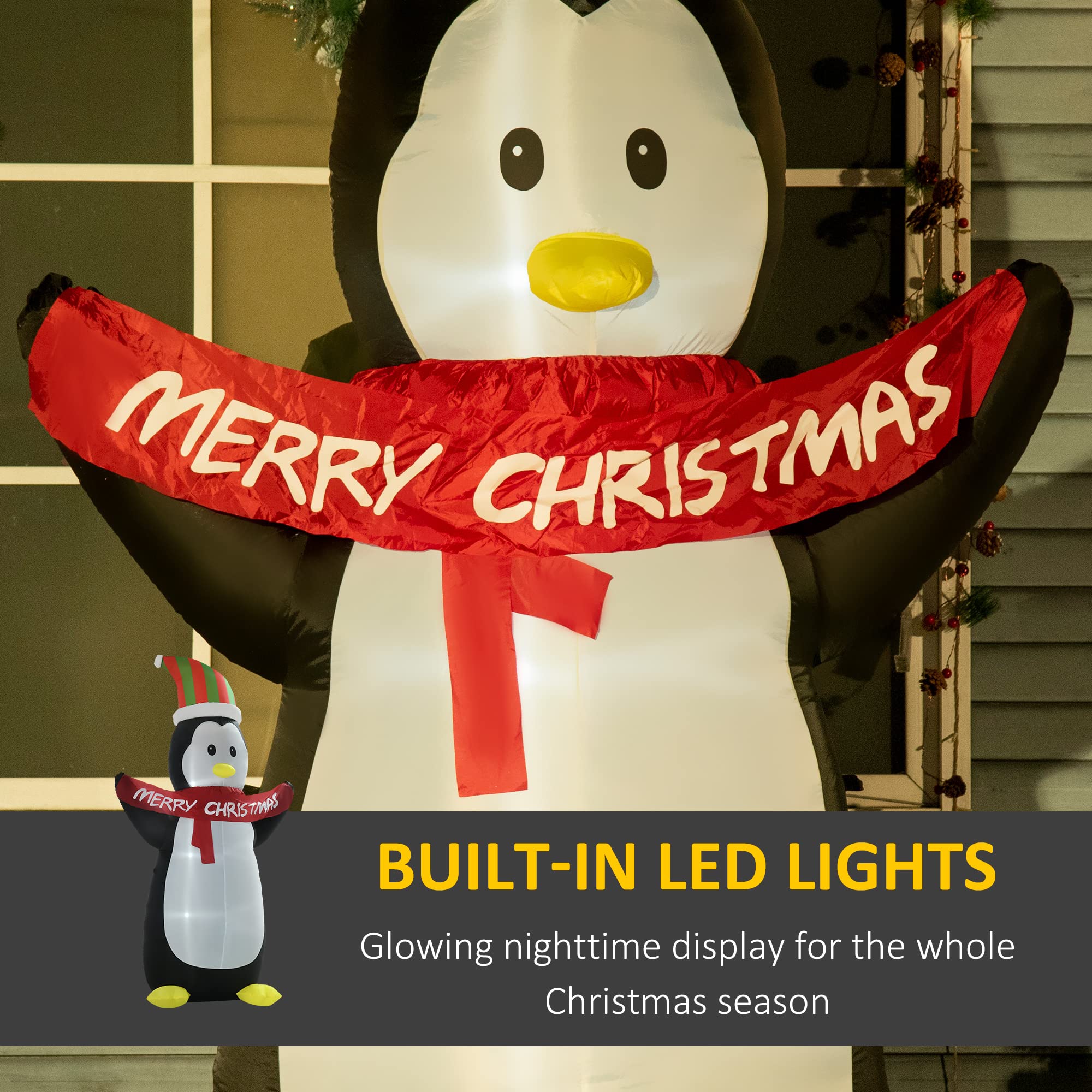 HOMCOM 8ft Christmas Inflatables Outdoor Decorations Penguin with Merry Christmas Banner, Blow-Up Yard Christmas Decor with LED Lights Display