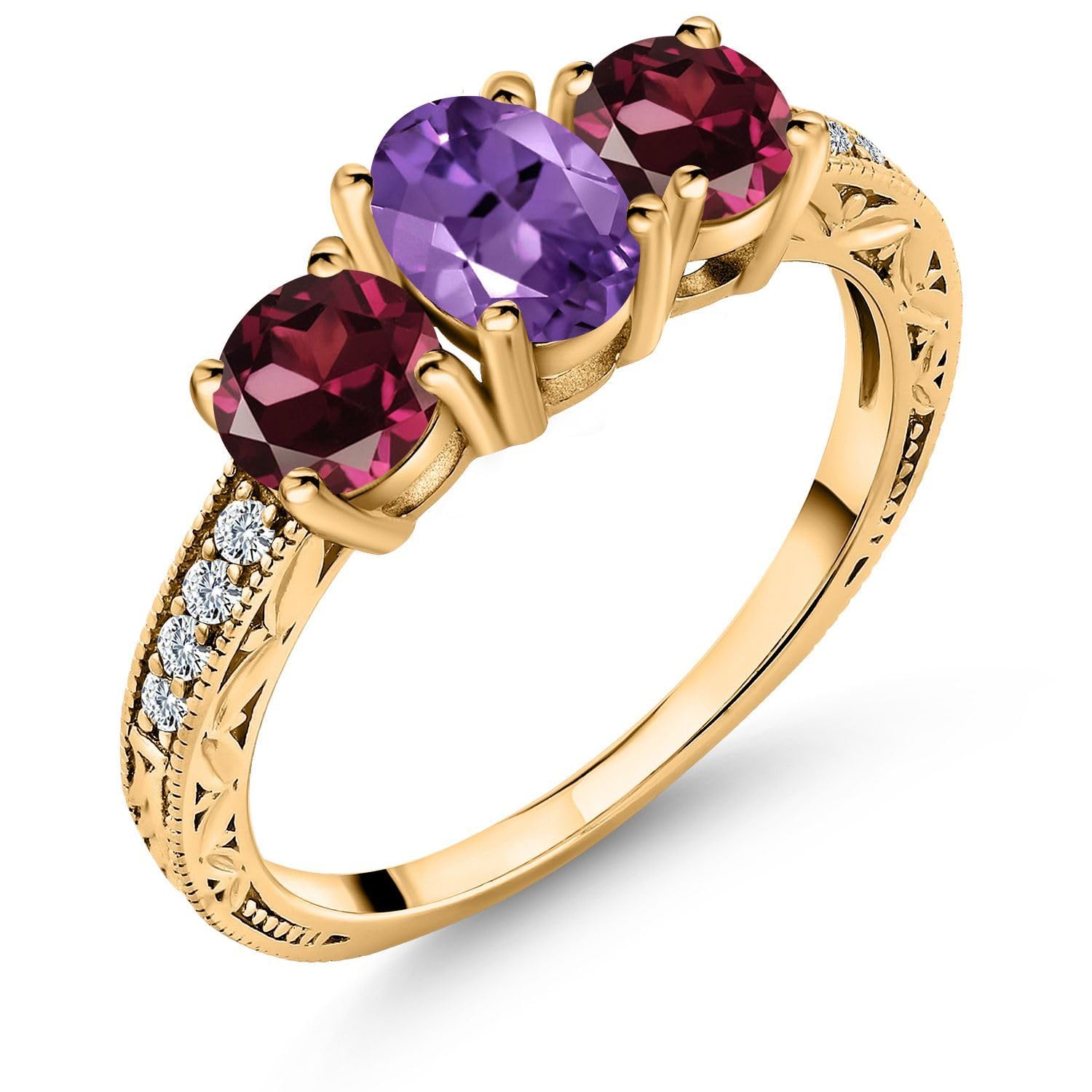 Gem Stone King 2.07 Ct Purple Amethyst Red Rhodolite Garnet 18K Yellow Gold Plated Silver Ring (Size 7)