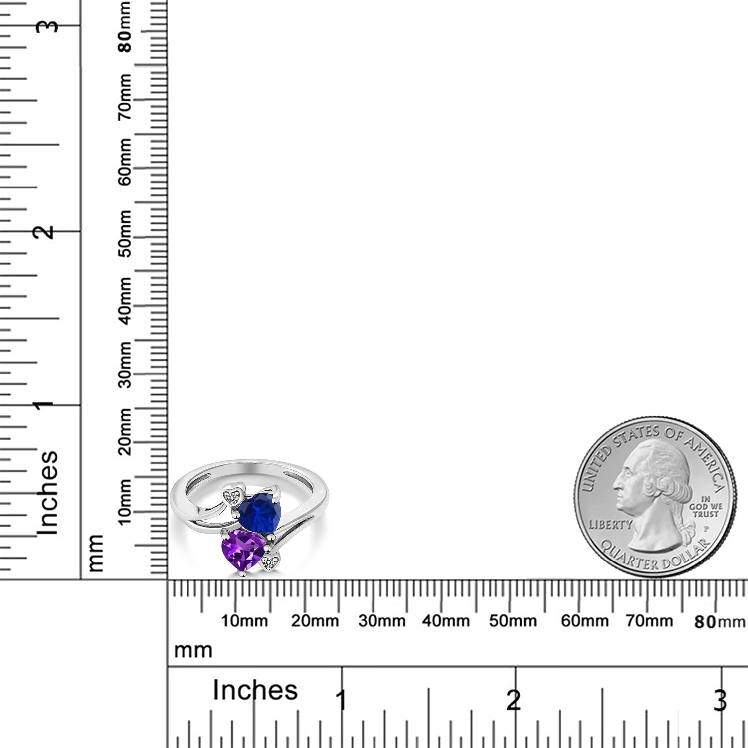 Gem Stone King 925 Sterling Silver Blue Created Sapphire Purple Amethyst and White Diamond Ring For Women (1.48 Cttw, Heart Shape 6MM, Gemstone September Birthstone, Available In Size 5, 6, 7, 8, 9)