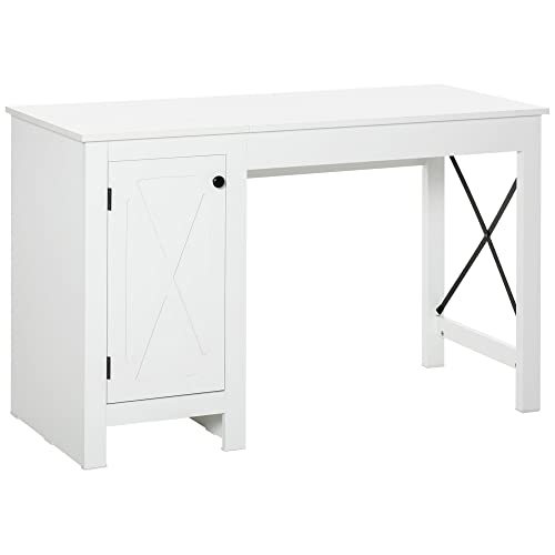 HOMCOM Home Office Computer Desk with Lower Storage Cabinet and X Bar Metal Frame, White