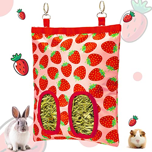 Terossy Rabbit Hay Feeder for Cage, Upgraded Hanging Guinea Pig Hay Feeder Bag for Rabbits Bunny Chinchilla Hamster with 3 Hooks, Mess Free Small Animals Grass Holder, 9.8x11.4Inch, 2 Reinforced Holes