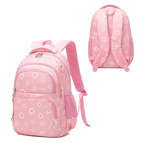 ZHIERNA School Backpack 3PCs Daisy Prints Set With Lunch Bag, Bookbags with Pen Case For Teen Girls Kindergarten Elementary(Pink)