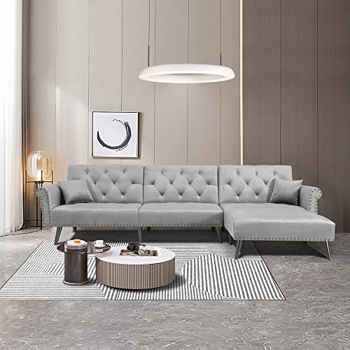 POCIYIHOME Right Hand Facing Sectional Sofa with Velvet Button Tufted, L Shape Chaise with Nail Head Detail, Conical Wood Leg, 2 Pillows, Modern & Elegant, Home Furniture for Living Room, Light Grey