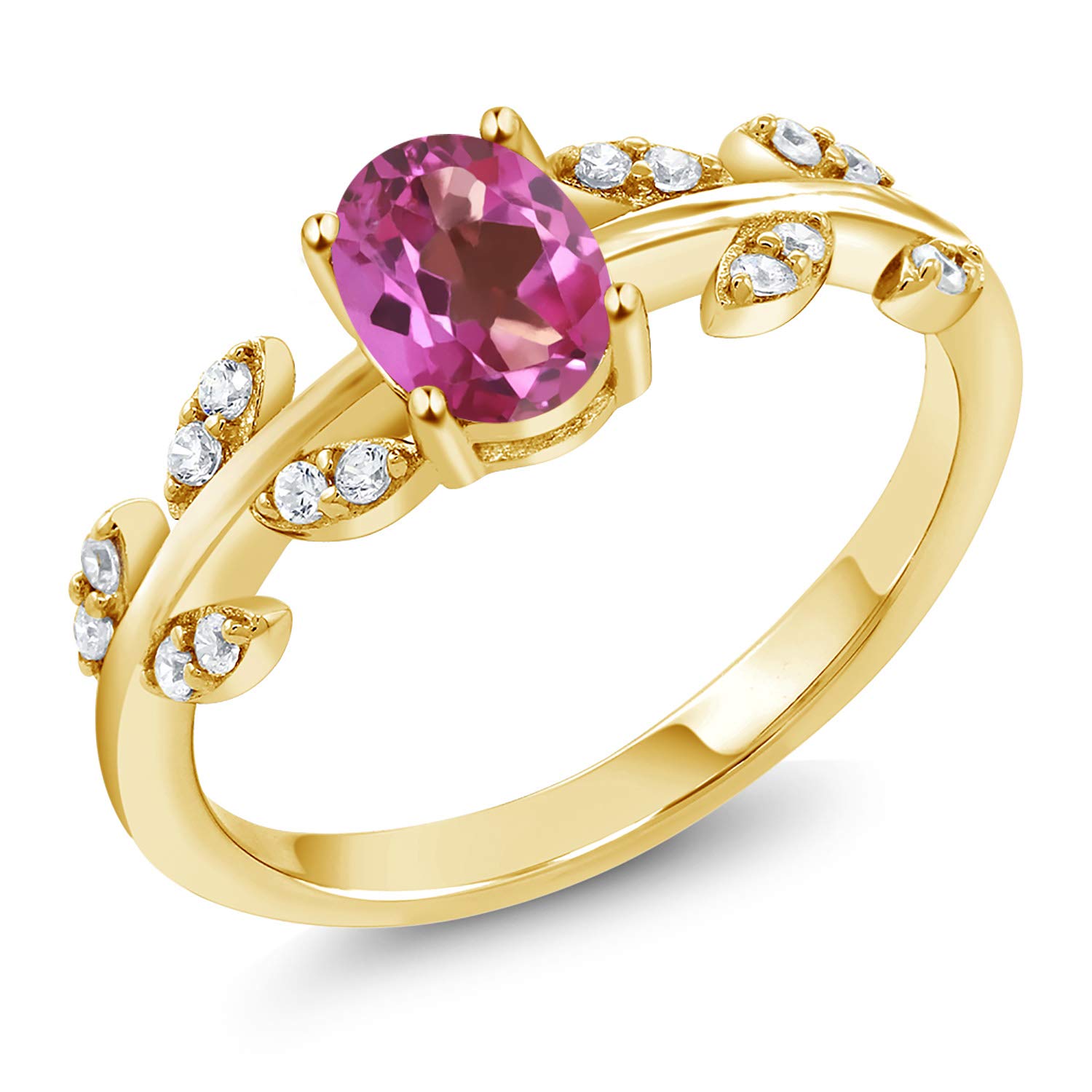 Gem Stone King 18K Yellow Gold Plated Silver 7X5MM Oval Gemstone Birthstone Twisted Olive Branch Leaf Vine Band Wedding Ring For Women | Available In Size 5, 6, 7, 8, 9