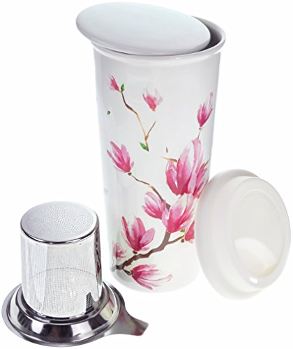 Willow & Everett 16oz Ceramic Travel Mug with Lid. Magnolia Double-Walled Tea Cup with Tea Infuser and Bonus Silicone Top. Tall Coffee and Tea Mug Tea Cups Loose Leaf Tea - Tea Mugs Tea Steeper