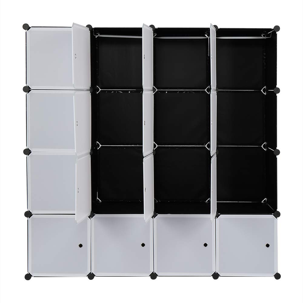 GGH Portable Wardrobe Closets, 16 Cubes,3 coat hangers,Clothes Storage Organizer with Doors,(White Door, Black Cabinet)