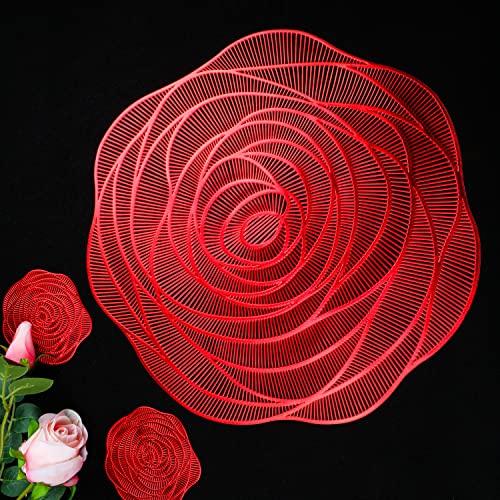Snowkingdom Red Placemats and Coasters Set of 6 Pressed Metallic Vinyl 15 inch Rose Round Place Mats Dining Table Mats Dinning Table Centerpiece