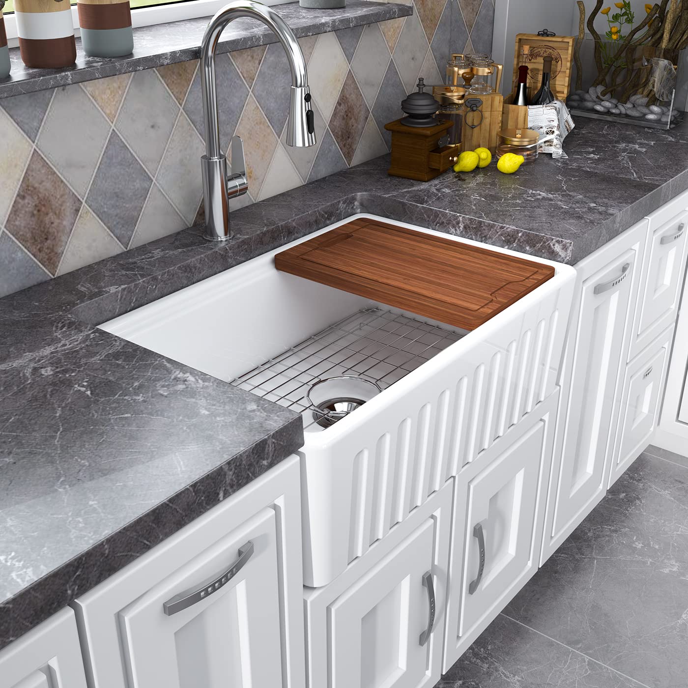 MEJE #KS 30x20 inch Apron-front Step Rim Workstation Farmhouse Kitchen Sink,Ceramic Single Bowl with Cutting Board,Grid & Strainer - White