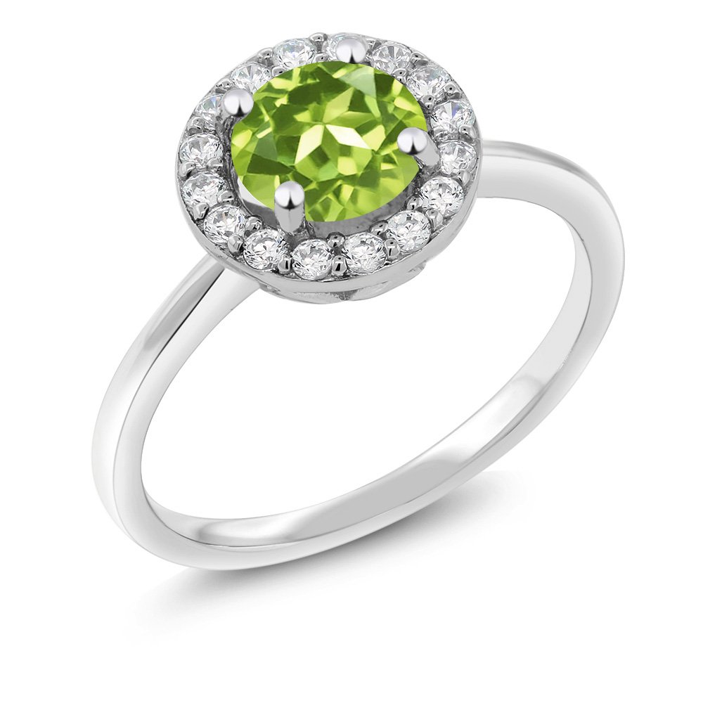 Gem Stone King 925 Sterling Silver Green Peridot Halo Engagement Ring For Women (1.55 Cttw, Gemstone Birthstone, Available in size 5, 6, 7, 8, 9)