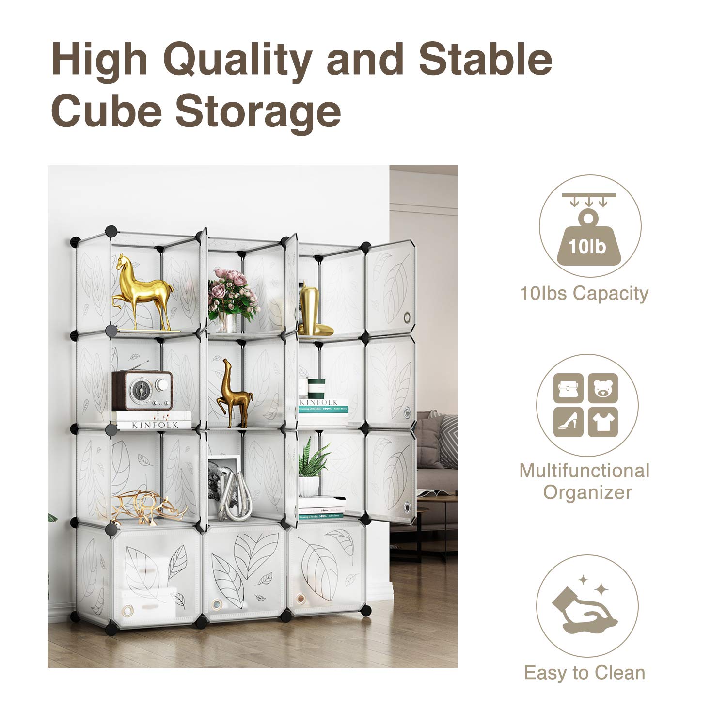 GREENSTELL Cube Storage Organizer, Plastic Closet Organizer with Doors, 12-Cube DIY Storage Cubes Organizer, Modular Storage Cabinet Book Shelf Shelving for Bedroom, Living Room, Office White