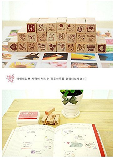 Wooden Rubber Stamps,Youkwer 25 Pcs Mini Cute DIY Diary Stamps Set with Wooden Box （25PCS，Love Diary）