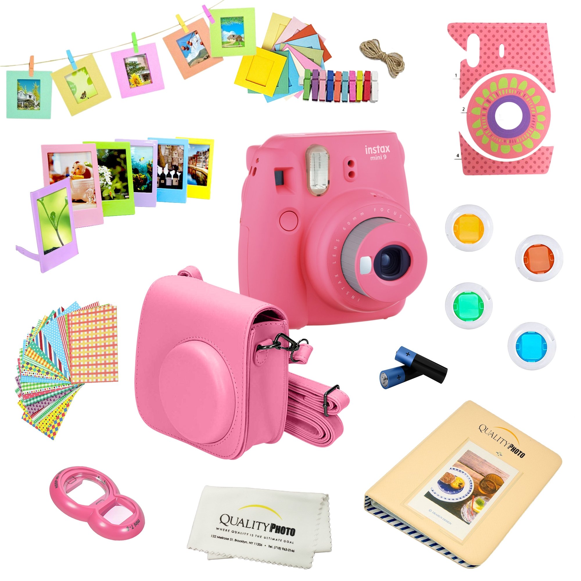 Fujifilm Instax Mini 9 Camera + 14 PC Instax Accessories kit Bundle, Includes; Instax Case + Album + Frames & Stickers + Lens Filters + More (Flamingo Pink)