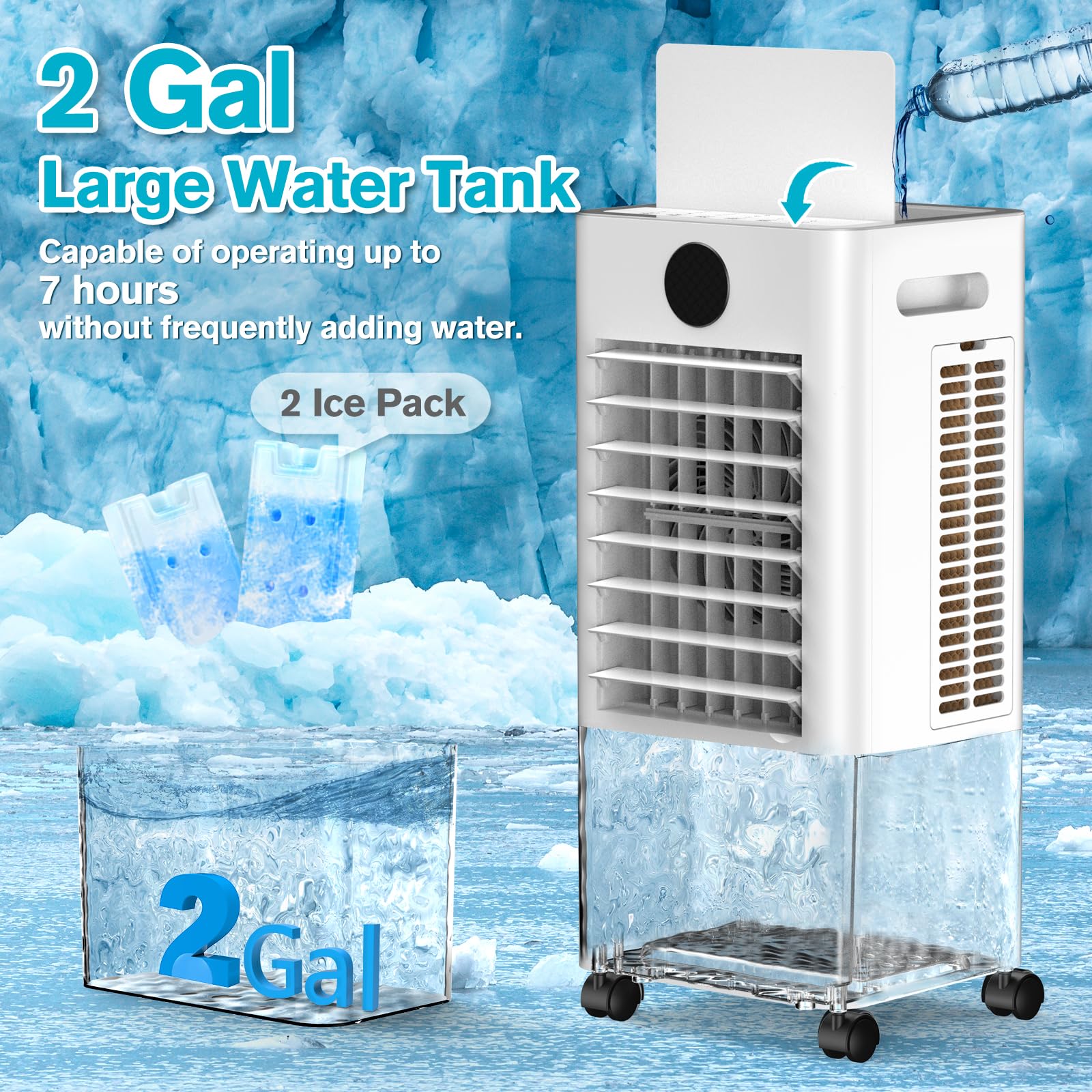 Windowless Portable Air Conditioner, 12H Timer & 2-Gal Tank, 3-IN-1 Portable AC Unit with Remote, 75°Oscillation, 3 Modes & 3 Speeds, Ultra-Quiet 24" Ventless Swamp Cooler for Room Home Office