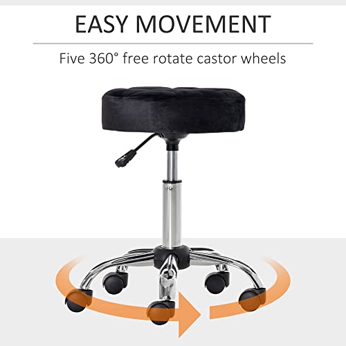 HOMCOM Round Rolling Stool with Height Adjustable Lift, Vanity Chair with Luxury Style Upholstery, Office Chair with Swivel Seat and Wheels for Work Spa Salon, Black