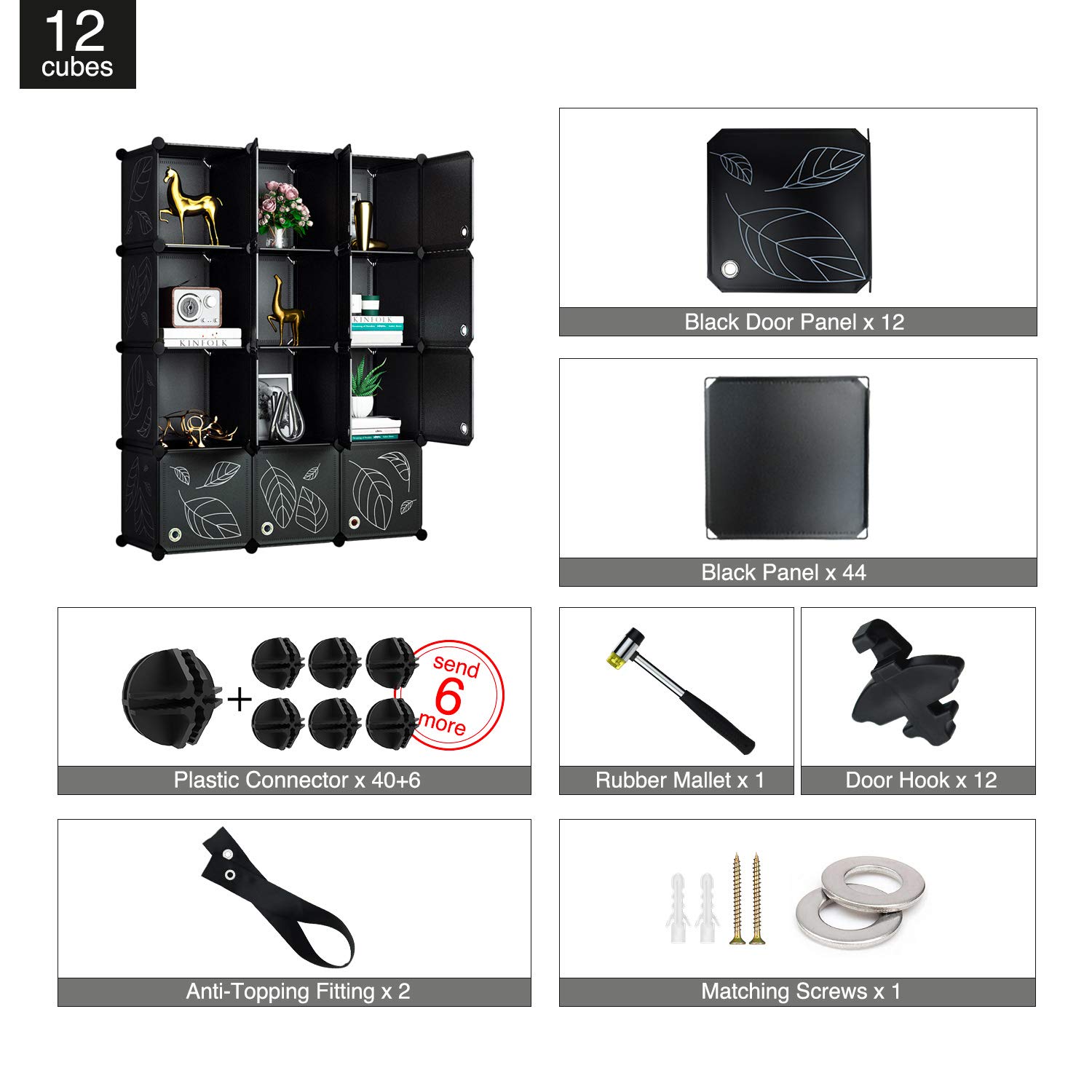 GREENSTELL Cube Storage Organizer, Plastic Closet Organizer with Doors, 12-Cube DIY Storage Cubes Organizer, Modular Storage Cabinet Book Shelf Shelving for Bedroom, Living Room, Office Black