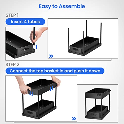 Under Sink Organizers and Storage, 2 Tier Under Sink Organizer Multi-Purpose Bathroom Sink Organizer Sliding Drawer Sink Organizers with Hooks for Kitchen Bathroom Organizer