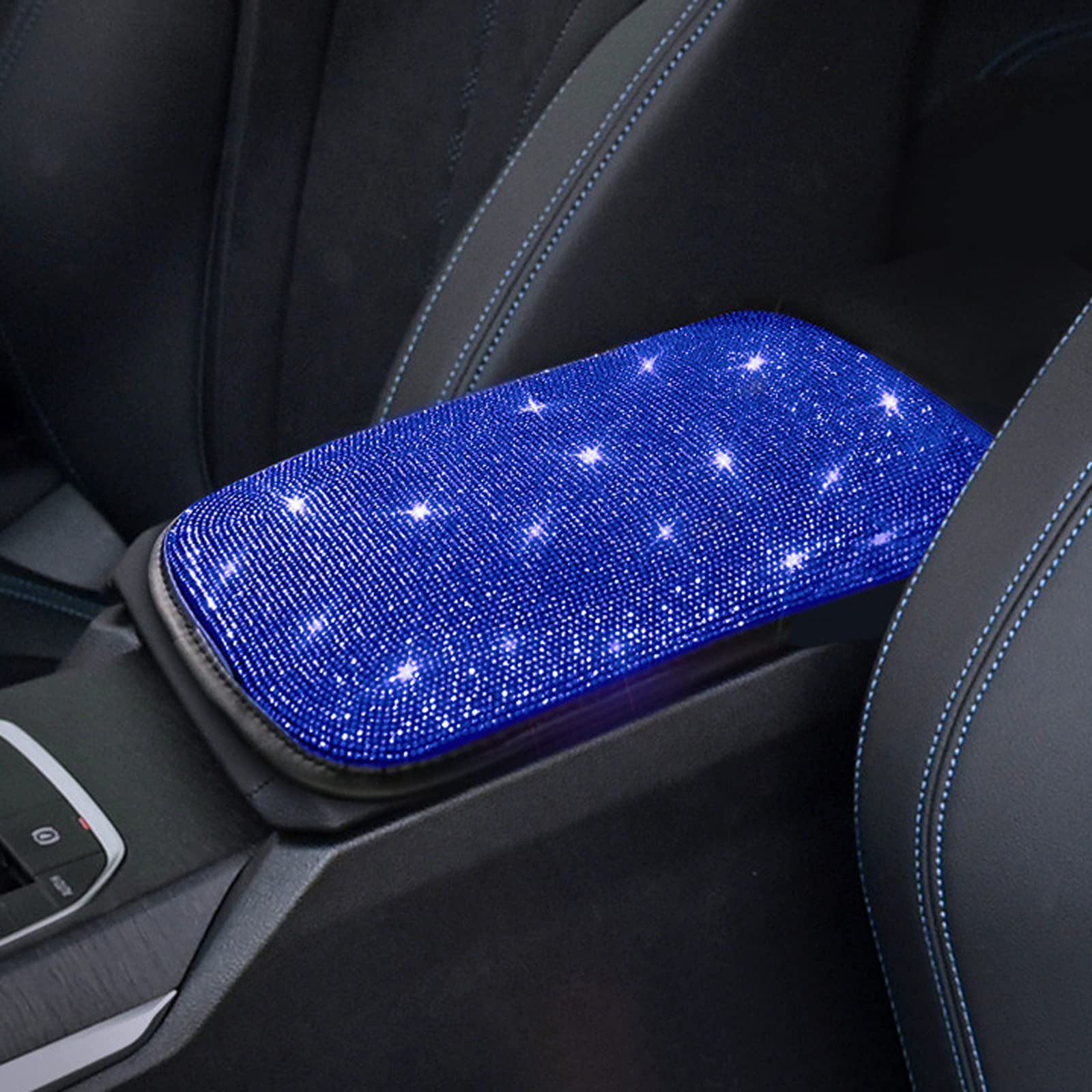 FUNOJOY Car Armrest Cover for Women Blue Diamond Rhinestone Bling Car Accessories Car Decor for Women