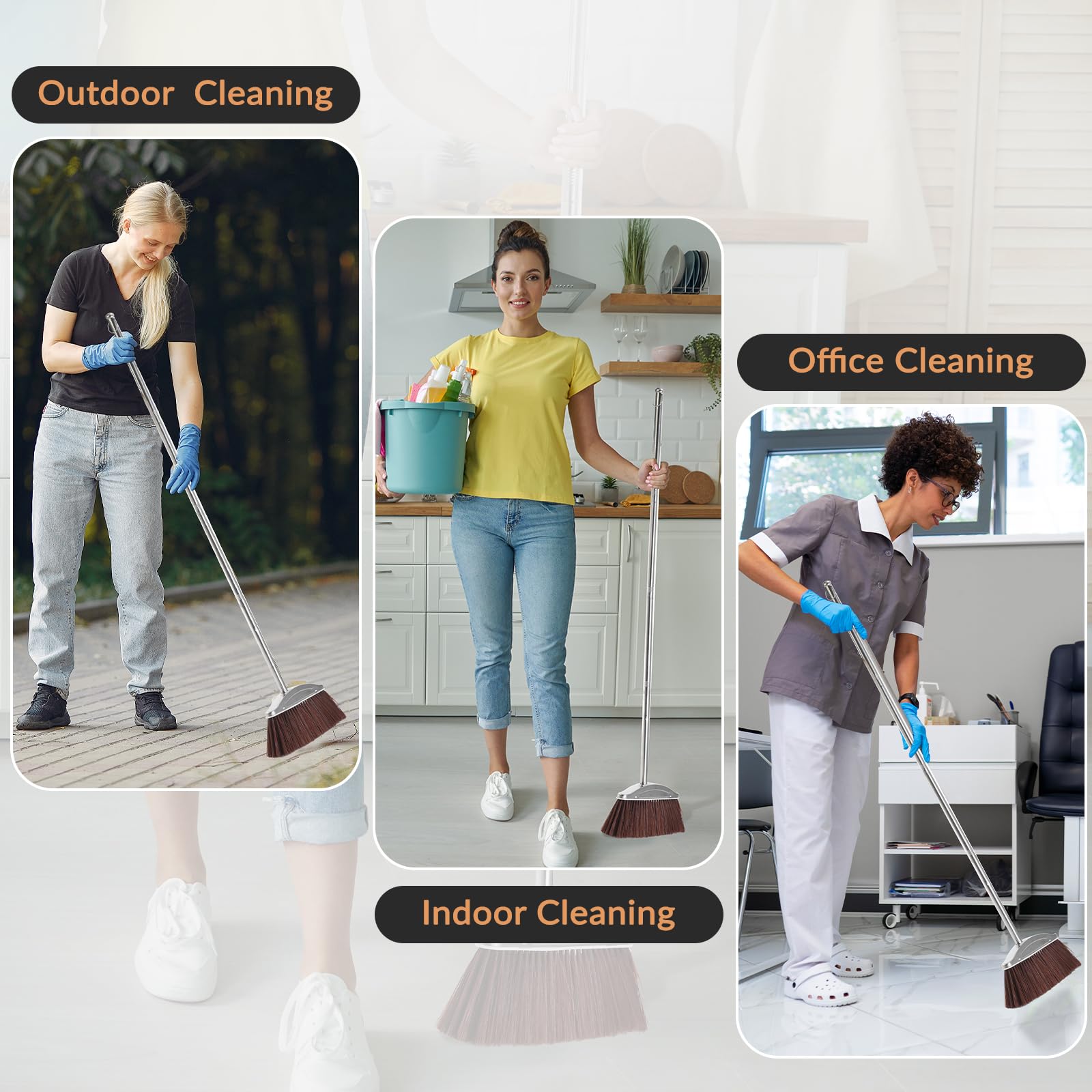 VOOWO Broom with Dustpan Combo Set, 46" Stainless Steel Broom and Dustpan Set for Home, Heavy Duty Dust Pan with Long Handle, Broom for Sweeping Indoor and Outdoor, Kitchen Broom and Dust Pan (Brown)