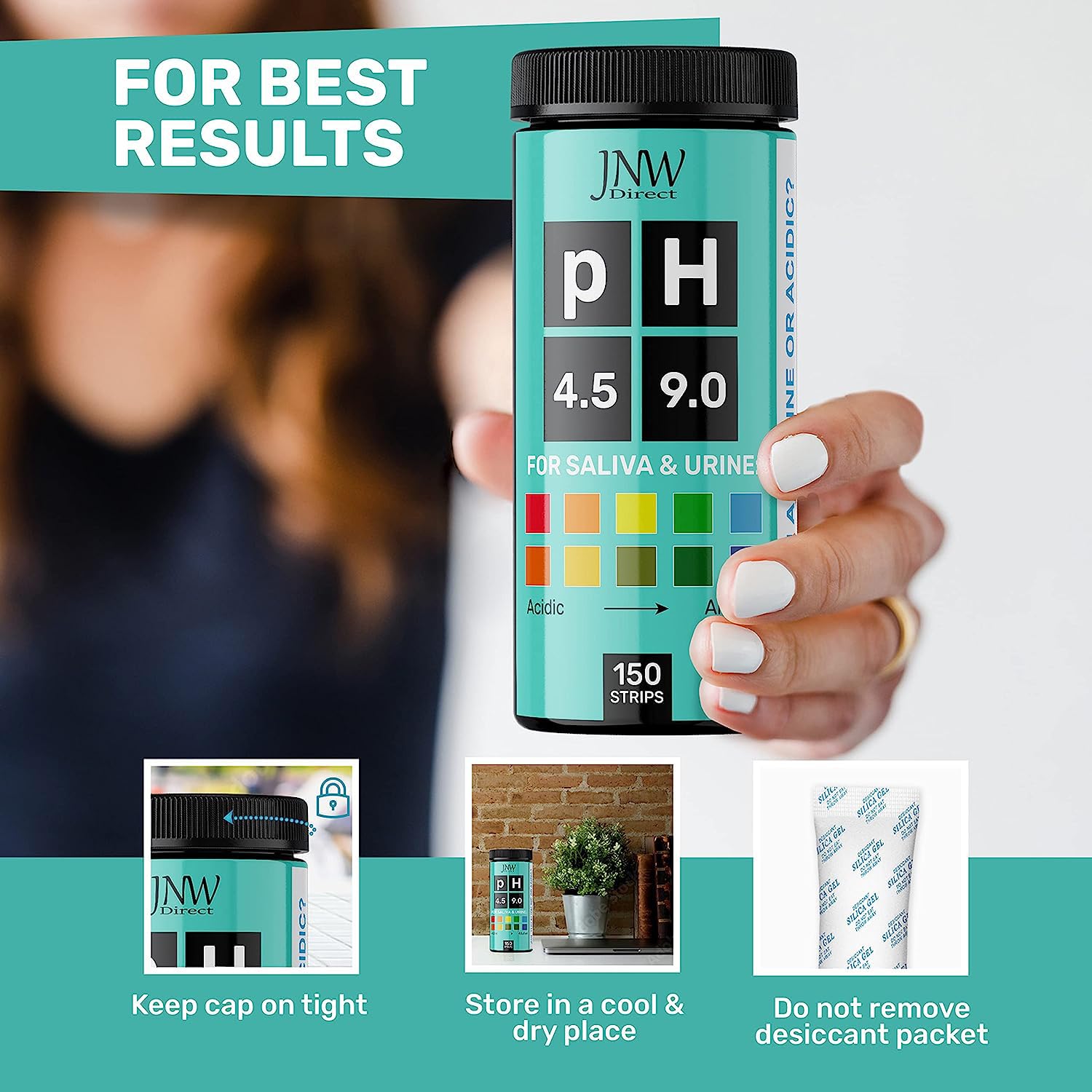 pH Test Strips for Urine and Saliva Testing (4.5-9.0) - Alkaline pH Strips with Ebook - pH Level Test Kit with Quick & Easy pH Testing Strips - Ultimate Acidity Test Kit - 150 Strips, JNW Direct