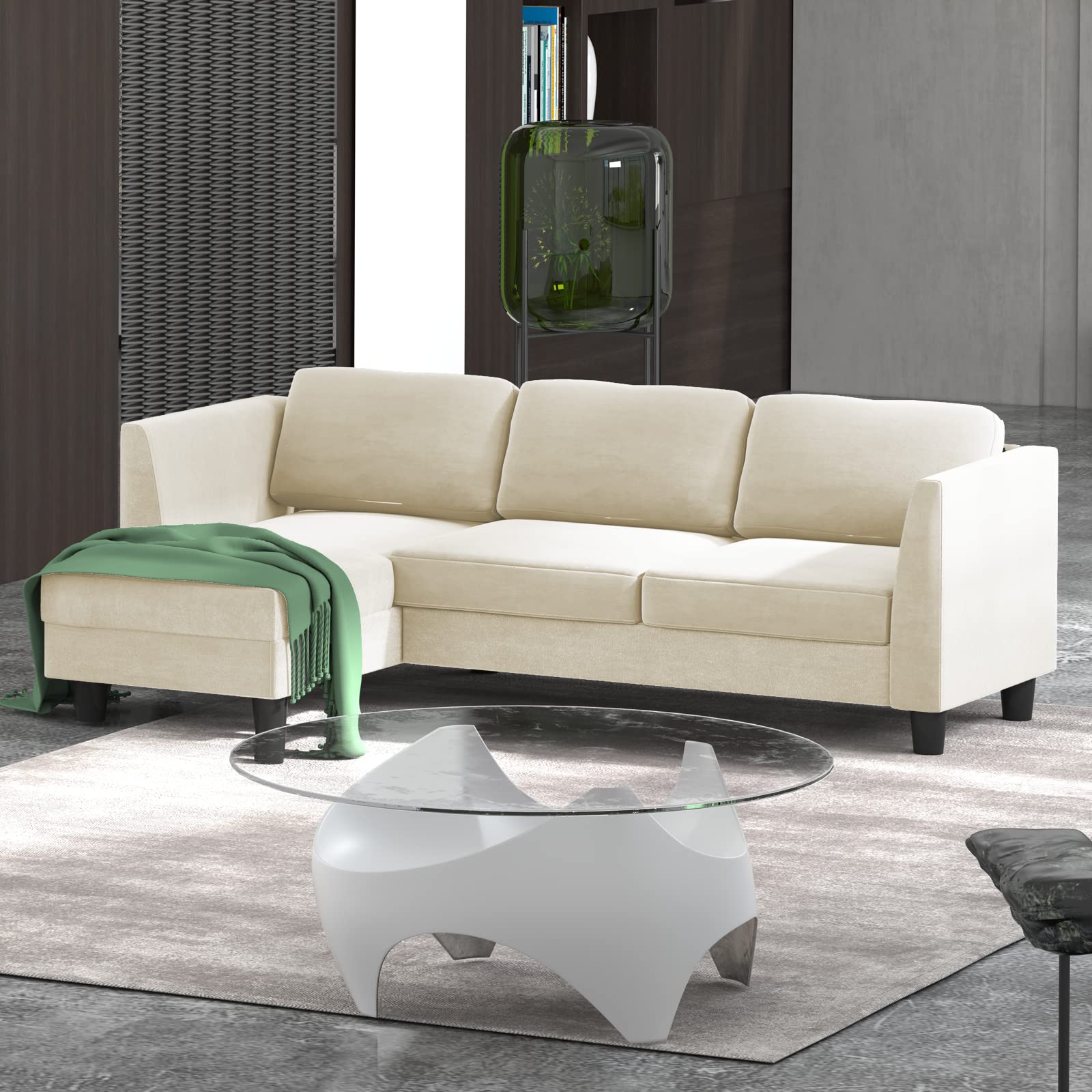 ZAFLY 87" Convertiable L Shaped Sofa Couch with Revisiable Chaise, Upholstered 3 Seat Sofa with Bbreathable Velvet Fabric for Living Room, Sectional Sofas -Beige