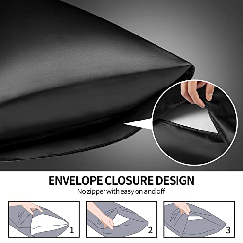 YUHX Silk Satin Pillowcase for Hair and Skin, Black Standard Size Pillowcase Set of 2, Soft Silky Pillow Cases with Envelope Closure (20x26 inches,Black)