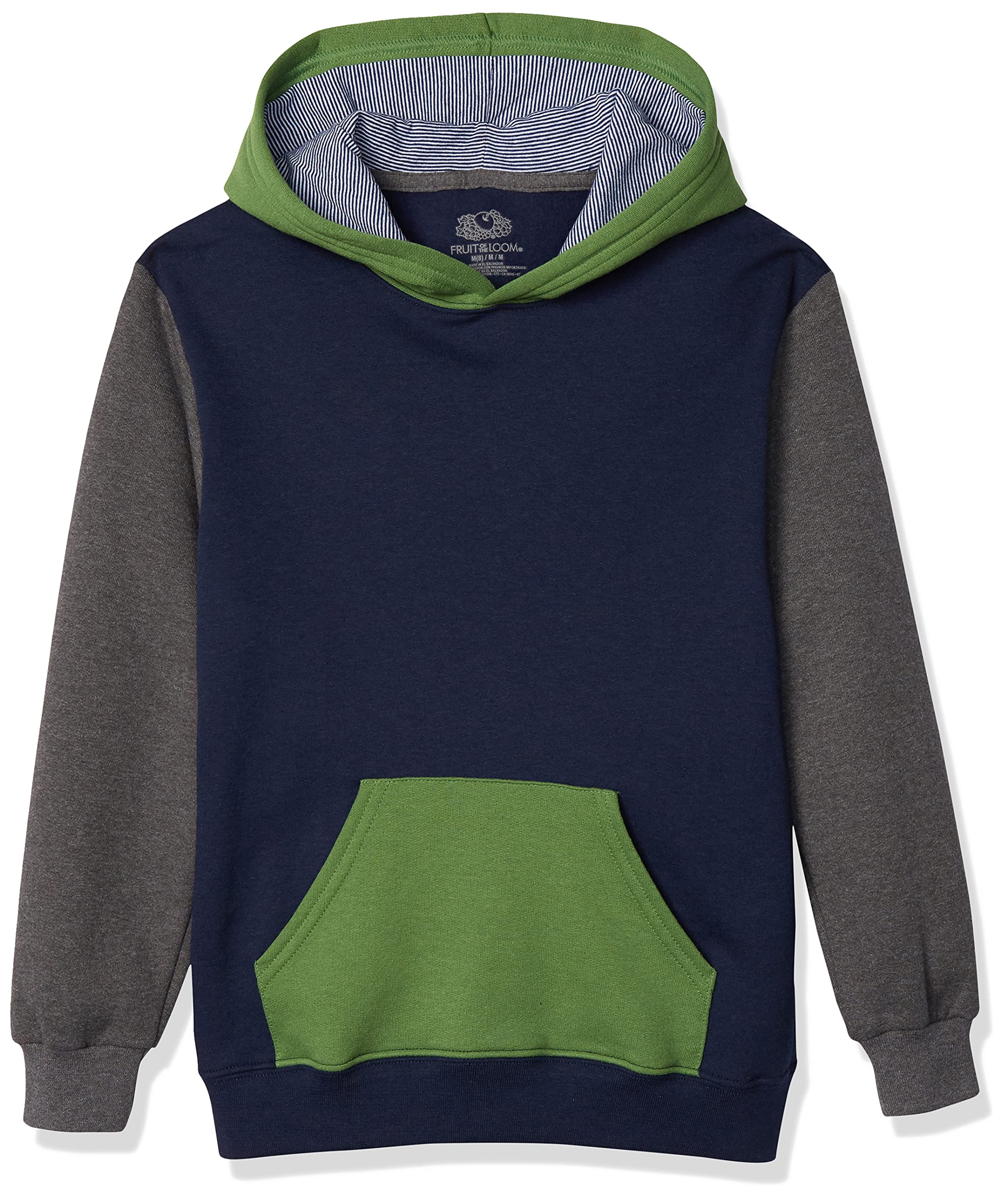 Fruit of the Loom Boys' Fleece Hoodie Sweatshirt, Ghost Game Green/Charcoal Heather/Times Square Navy Stripe, Large