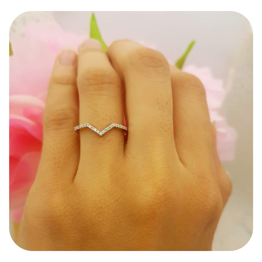 Gold & Diamonds Jewellery 0.10 Carat (Ctw) 14K White Gold Over .925 Sterling Silver Round White Diamond Wedding Stackable Band Anniversary Guard Chevron Ring 1/10 CT