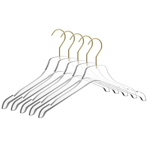 Quality Acrylic Clear Hangers, 5 Pack Clear Lucite Acrylic for a Luxurious Look and Feel with Swivel Hook, Suit Coat Shirt Dress Hangers (Clear - Matte Gold Hook, 5)