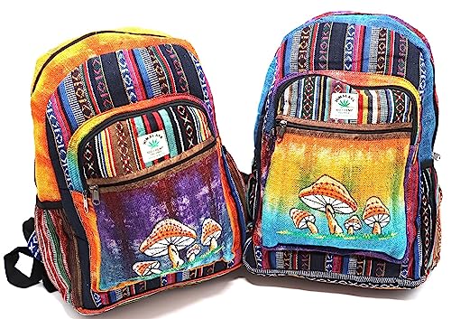 Unique Mushroom Embroidered Tie Dye Himalaya Hemp Hippie Backpack Festival Backpack Hiking FAIR TRADE Handmade with Love. (LARGE)